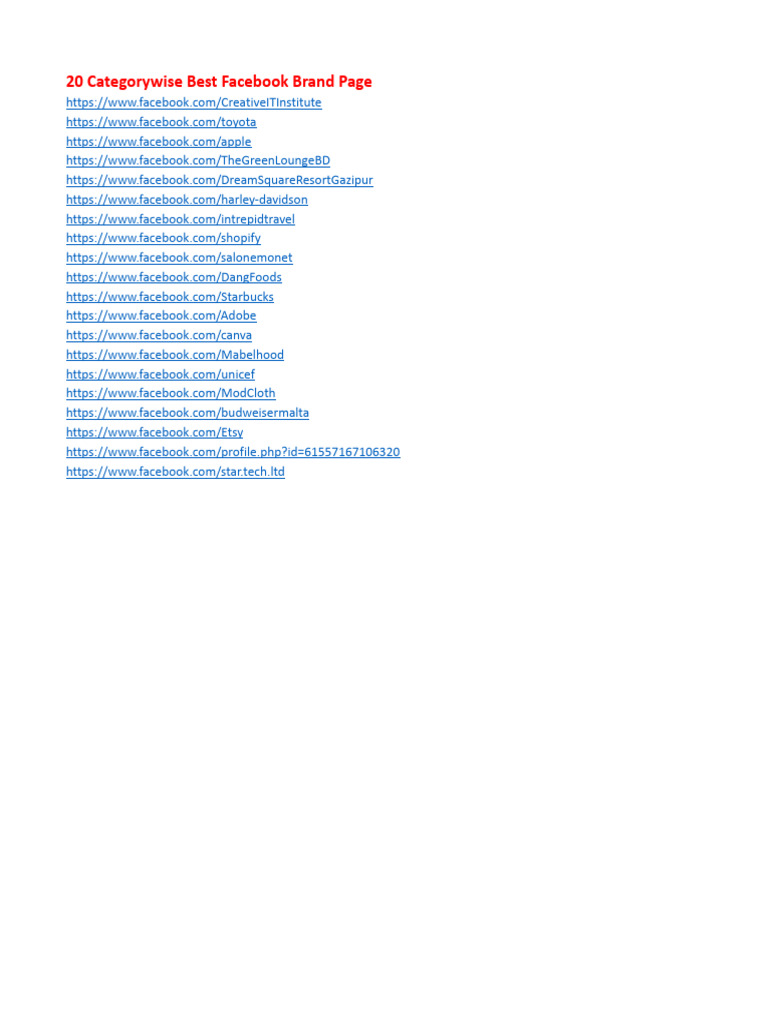 20 Category Wise Best Facebook Brand Page - XLSX - Sheet1 | PDF