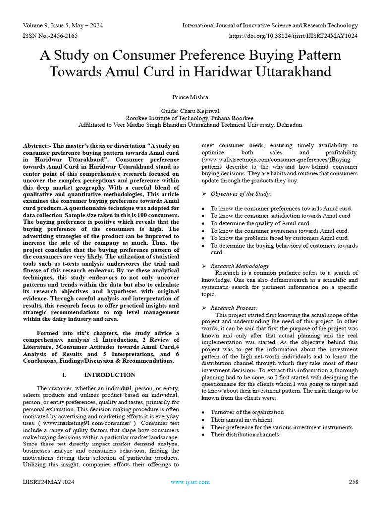 A Study On Consumer Preference Buying Pattern Towards Amul Curd in ...
