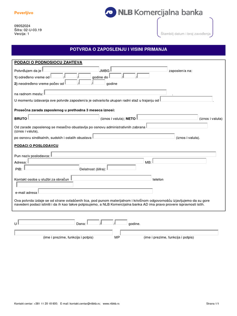 02-U-03.19 Potvrda Poslodavca Bez AZ | PDF