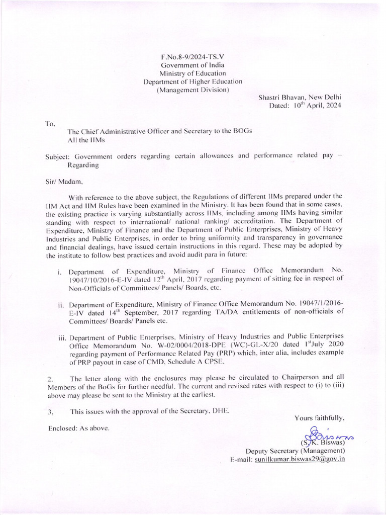 Government Orders Regarding Certain Allowances and Performance Related ...