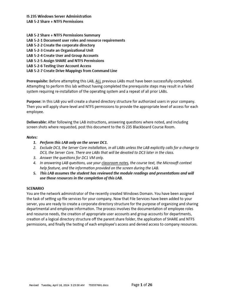 235 LAB 5-2 Share & NTFS Perms 2016 | PDF | Computer File | Active Directory