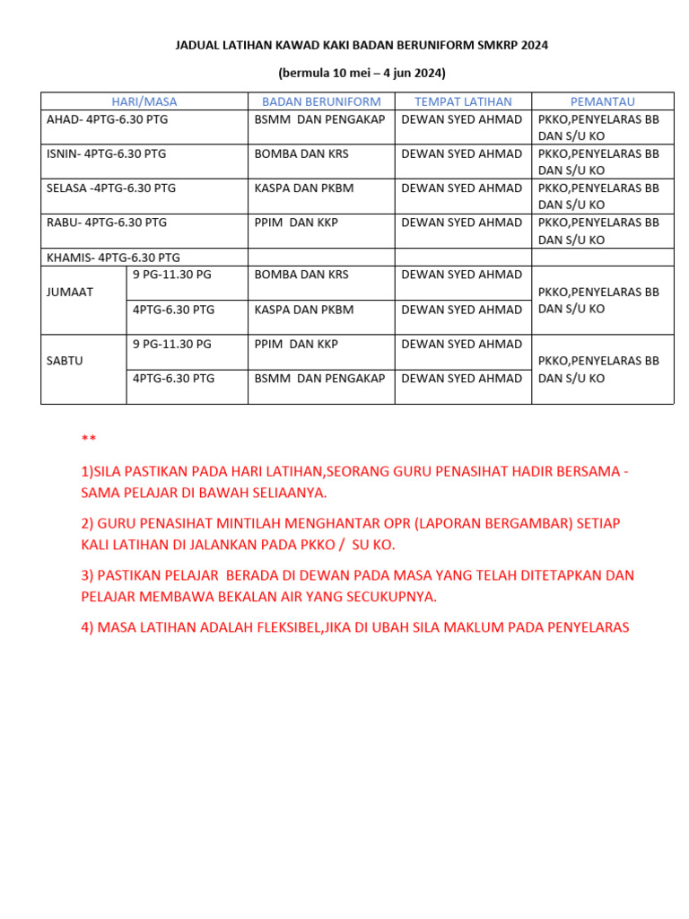 Jadual Latihan Kawad Kaki Badan Beruniform SMKRP 2024 | PDF