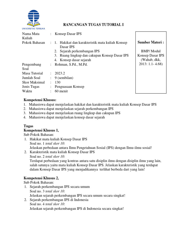 RANCANGAN TUGAS TUTORIAL I KONSEP DASAR IPS 2023 | PDF