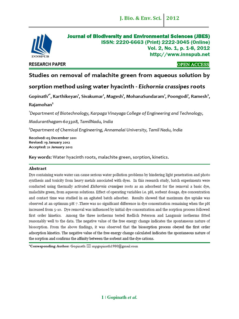 Studies On Removal of Malachite Green From Aqueous Solution by Sorption Method Using Water ...