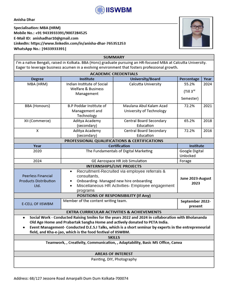 Anisha Dhar CV 10 | PDF | Kolkata | Business