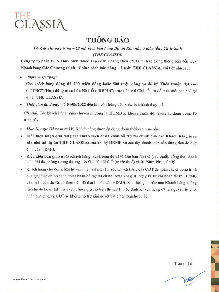 TB01 - Các Chương Trình Chính Sách Bán Hàng D Án The Classia. | PDF
