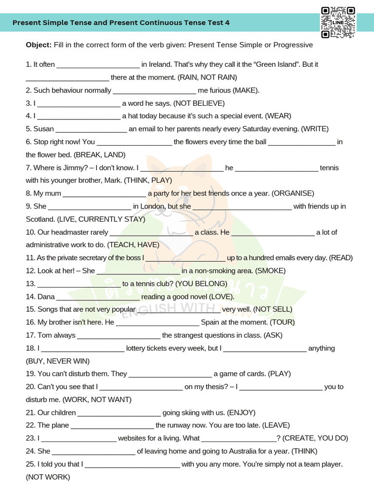 Present Simple Tense and Present Continuous Tense Test 4 พร้อมเฉลย | PDF