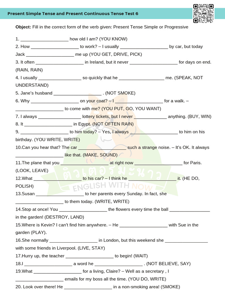 Present Simple Tense and Present Continuous Tense Test 6 พร้อมเฉลย | PDF