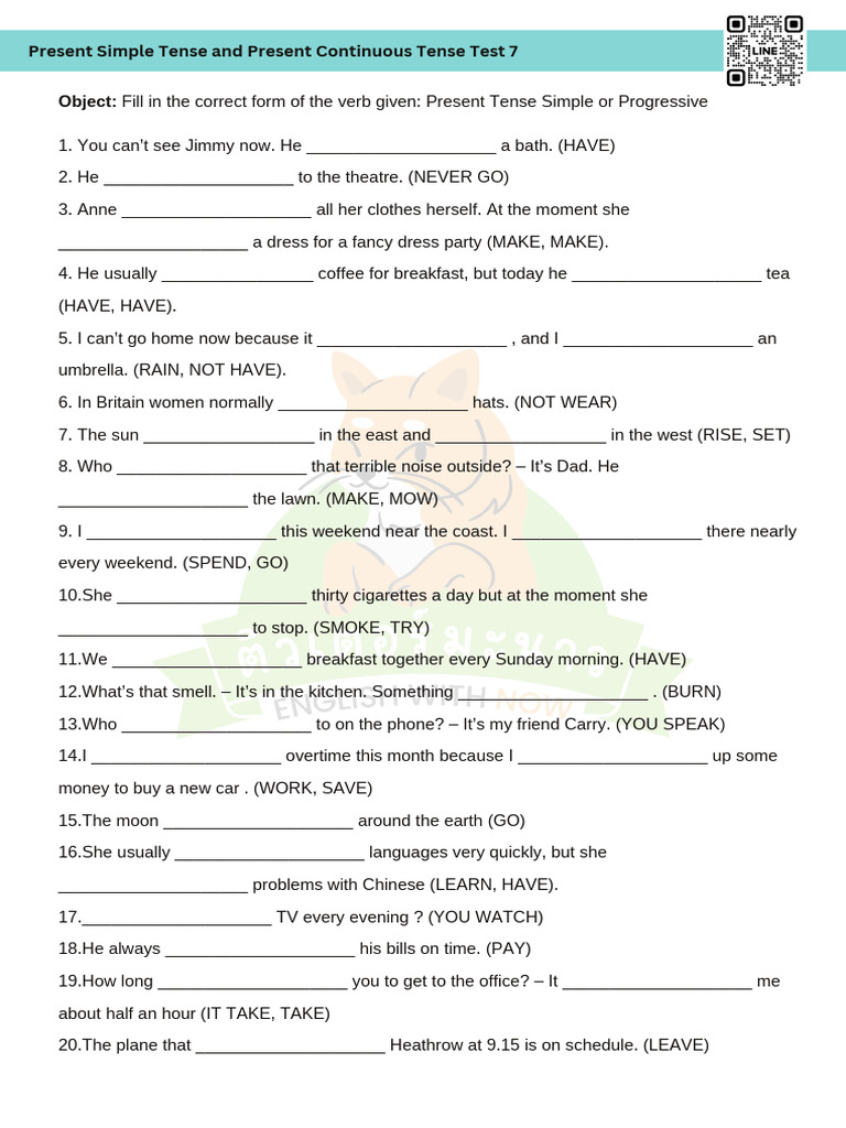 Present Simple Tense and Present Continuous Tense Test 7 พร้อมเฉลย ...