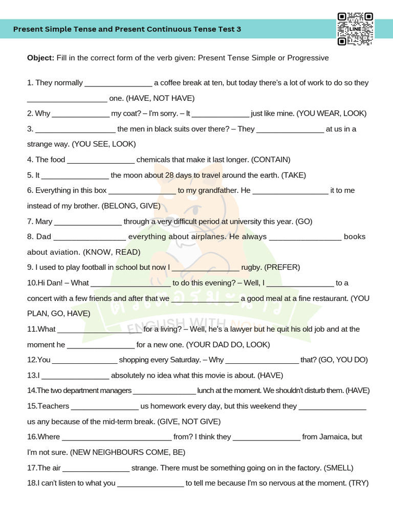 Present Simple Tense and Present Continuous Tense Test 3 พร้อมเฉลย | PDF