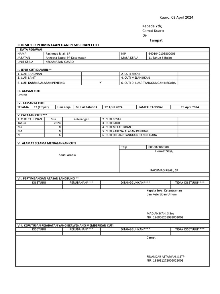 Usulan Cuti Rijal April 2024 | PDF