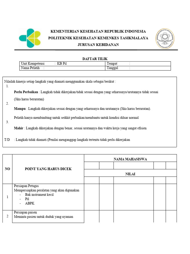 Daftar Tilik KB Pil | PDF