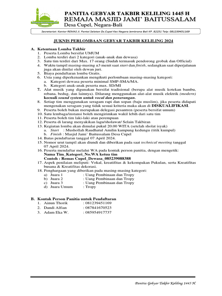 Juknis Perlombaan Takbiran | PDF