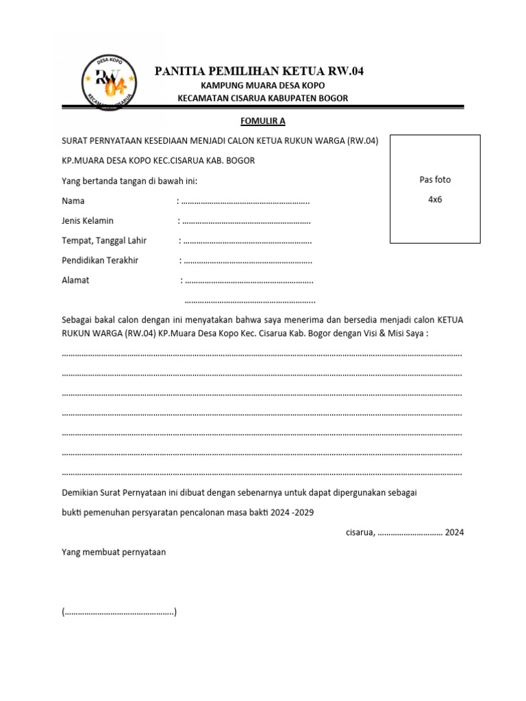 Formulir Pendaftaran Calon Ketua RW | PDF