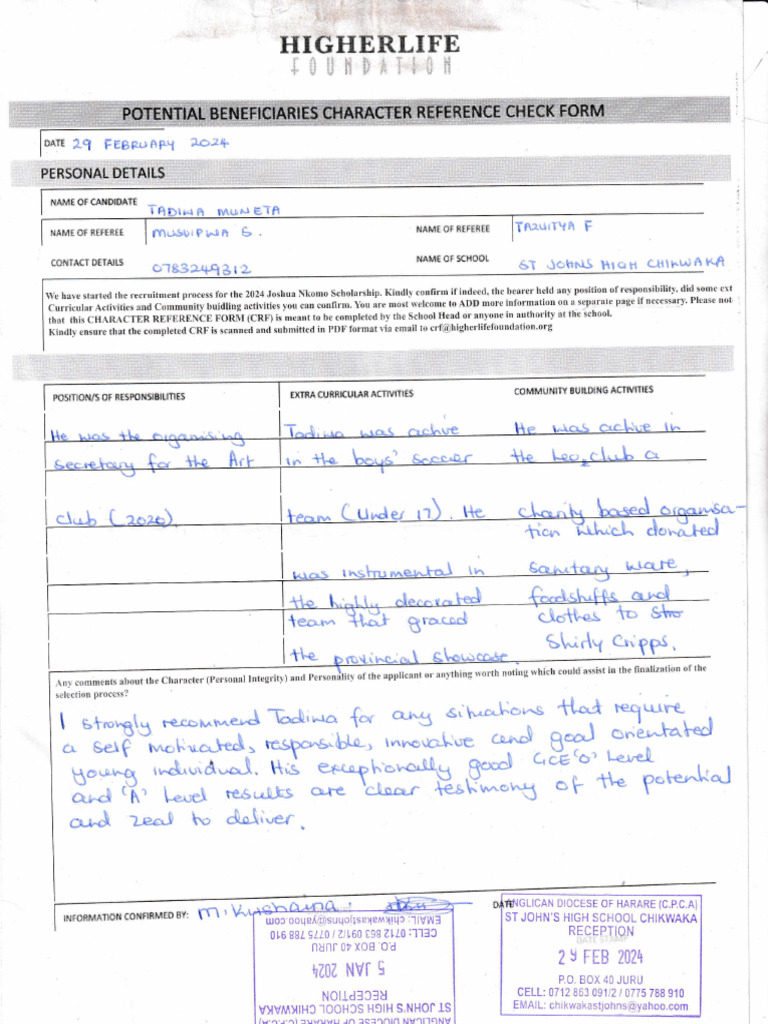 Tadiwa Muneta CR Form - 20240301 - 0001 | PDF