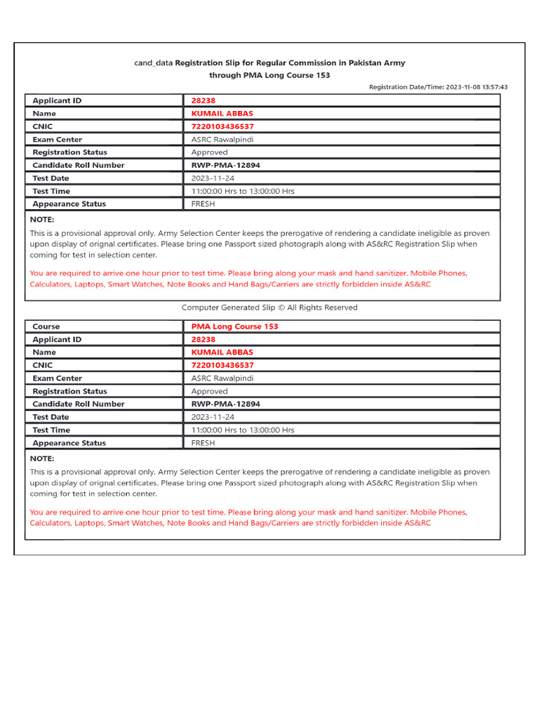 Pma Roll No Slip | PDF