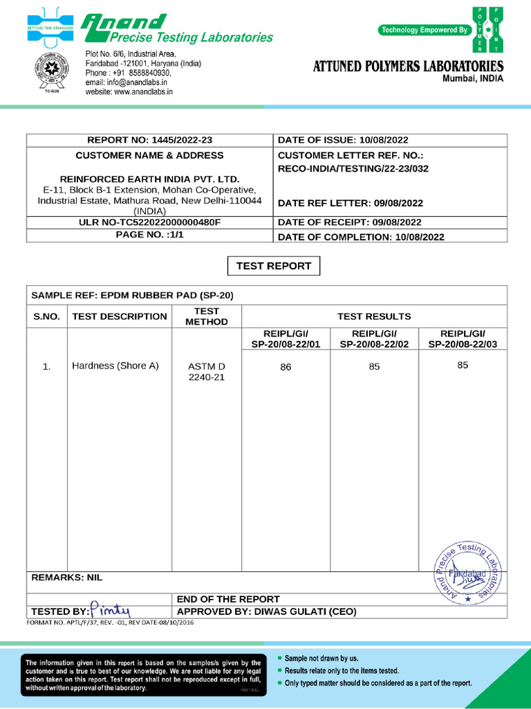 Test Certificate-EPDM Pad | PDF
