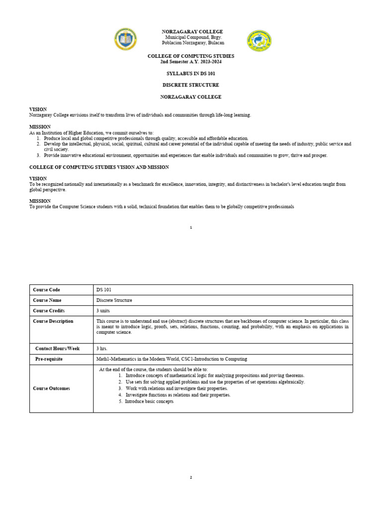 SYLLABUS DS101 Discrete Structure 2023 2024 | PDF | Mathematical Proof | Discrete Mathematics