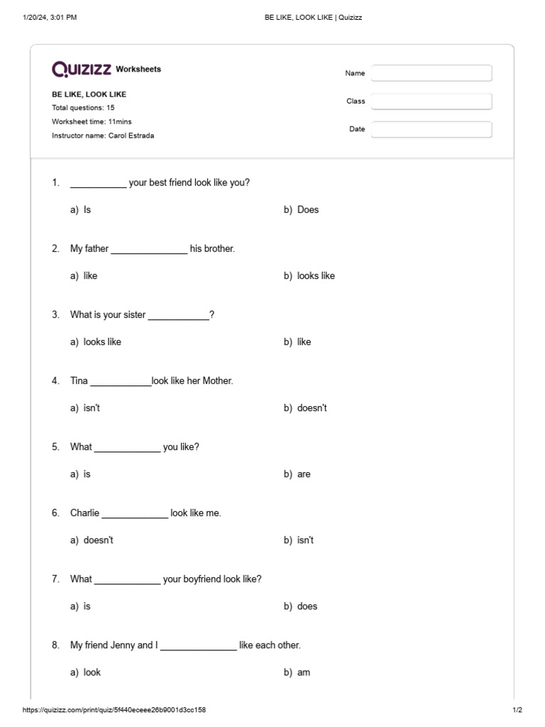 BE LIKE, LOOK LIKE - Quizizz | PDF