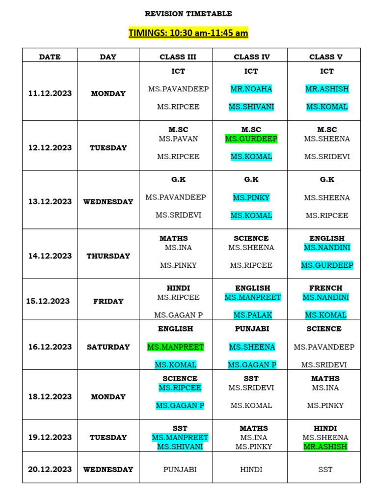 Revision Timetable Dec 2023 | PDF