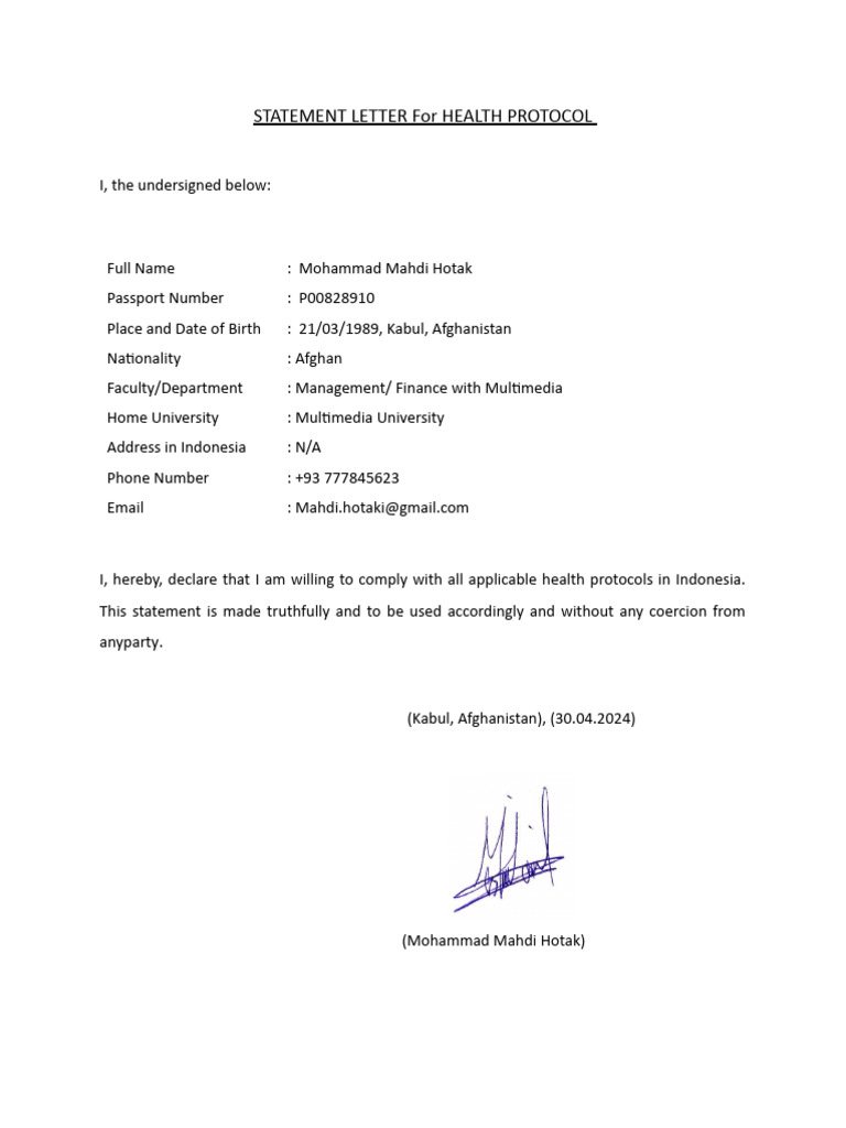STATEMENT LETTER For HEALTH PROTOCOL | PDF | Politics | Self-Improvement