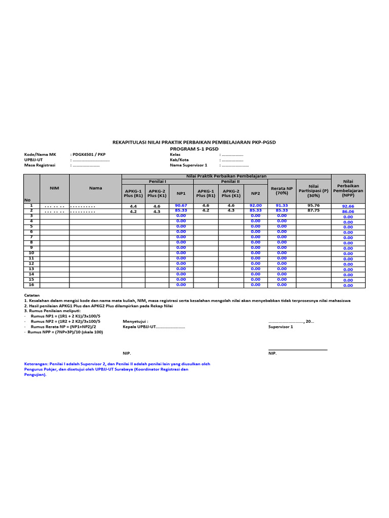 21-Form Rekap Nilai PDGK4501 - PKP PGSD | PDF