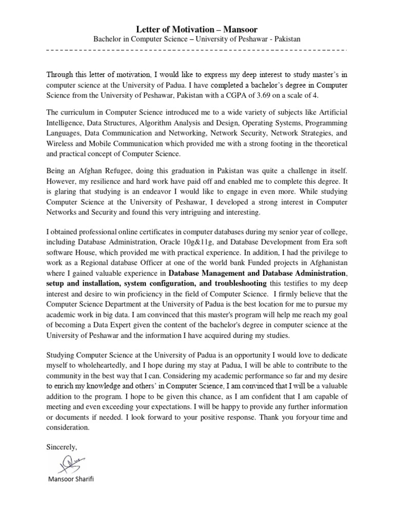 Motivation Letter for Master's Program | PDF | Computer Science | Databases
