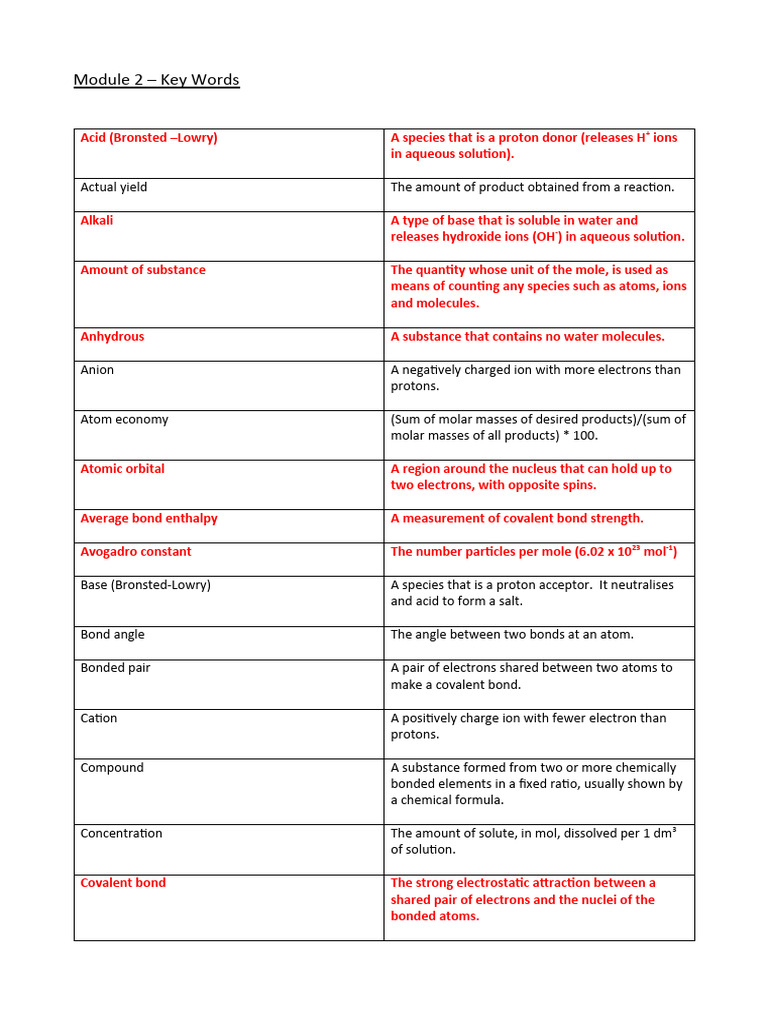 Module 2 - Key Words | PDF | Chemical Bond | Atoms