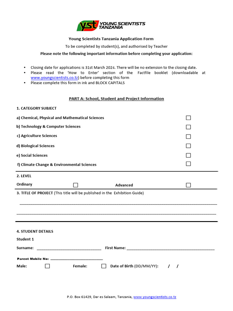 YST APPLICATION FORM 2024 | PDF | Science | Tanzania