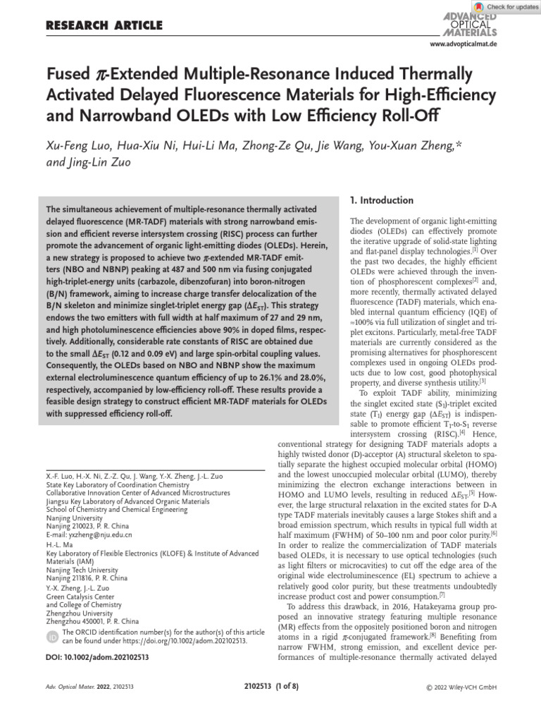 Advanced Optical Materials - 2022 - Luo - Fused Extended Multiple Resonance Induced Thermally ...