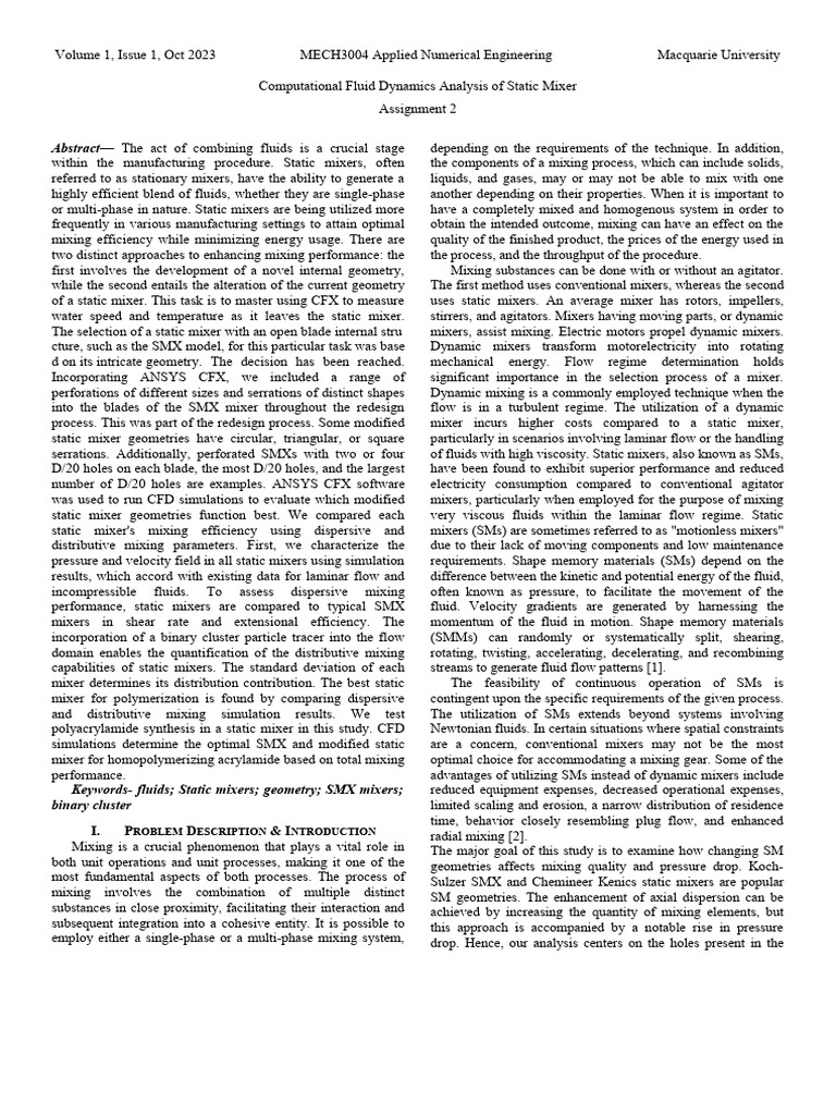 Engineering CFD for Static Mixers | PDF | Fluid Dynamics | Computational Fluid Dynamics