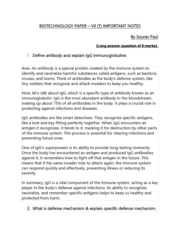 BIOTECHNOLOGY PAPER VII Long Questions | PDF | Immune System | Lymphocyte