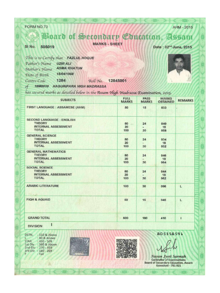 HSLC MARKSHEET | PDF