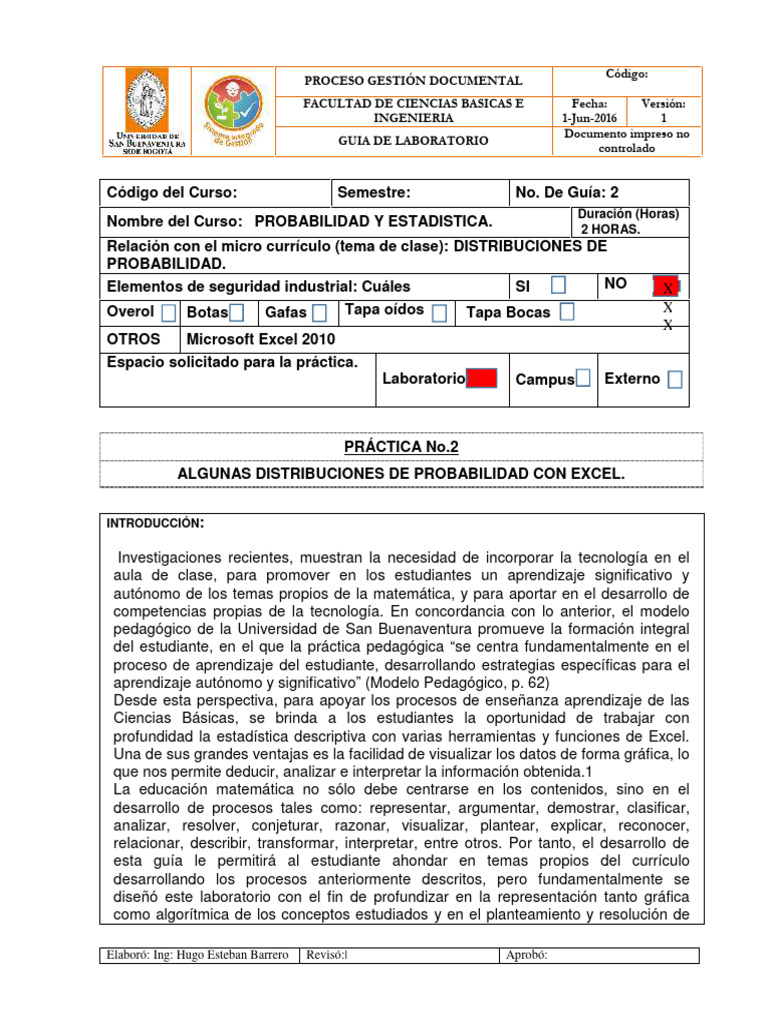 Guia 2 Lab Prob - Estadistica Con Excel | PDF | Distribución normal | Probabilidad