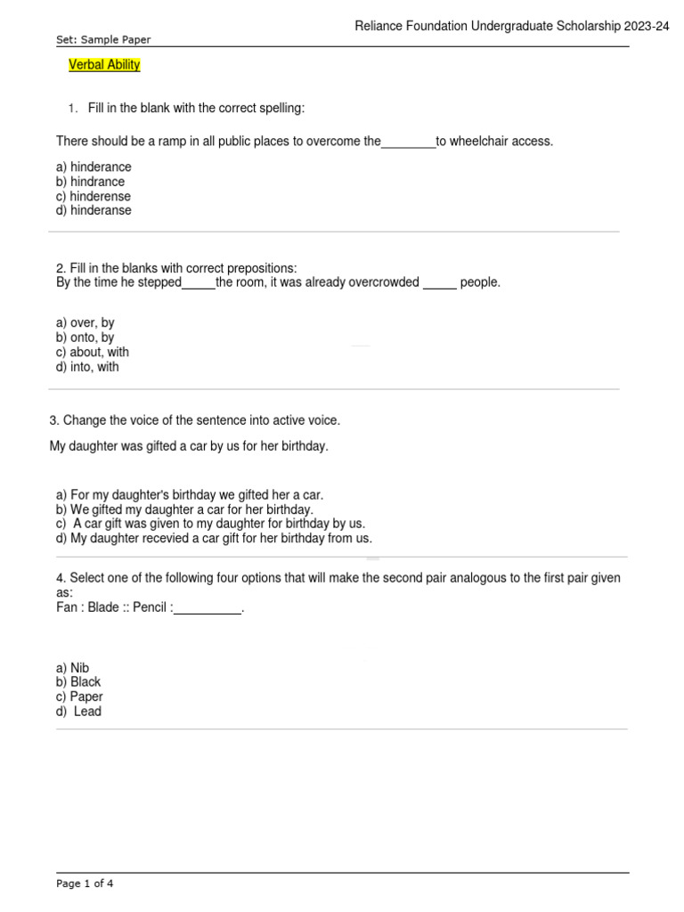 Sample Paper Reliance Foundation Ug Scholarship Final | PDF