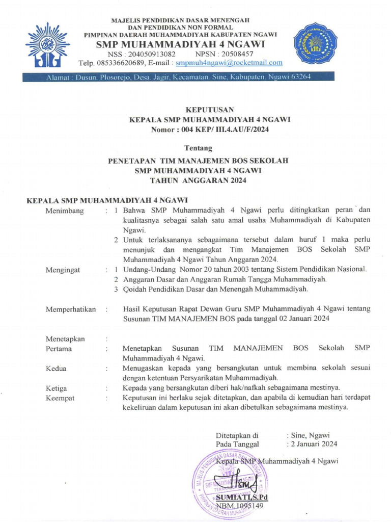 SK Tim Bos 2024 - SMP Muh 4 Ngawi | PDF