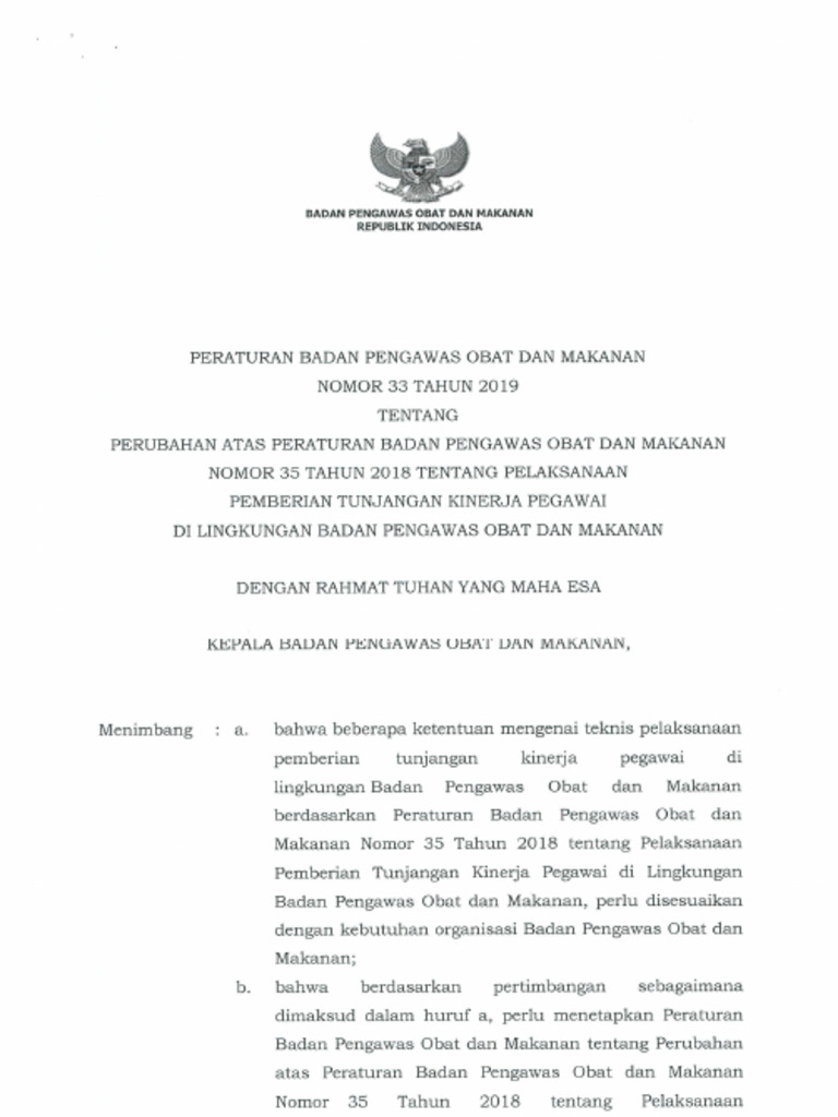 PerBPOM 33 Tahun 2019 Tentang Pemberian Tunkin Di BPOM | PDF