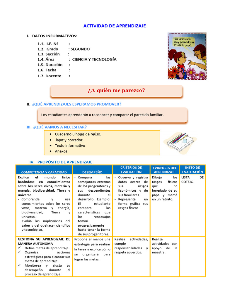 D3 A2 SESION CT. ¿A Quién Me Parezco | PDF | Evaluación | Aprendizaje