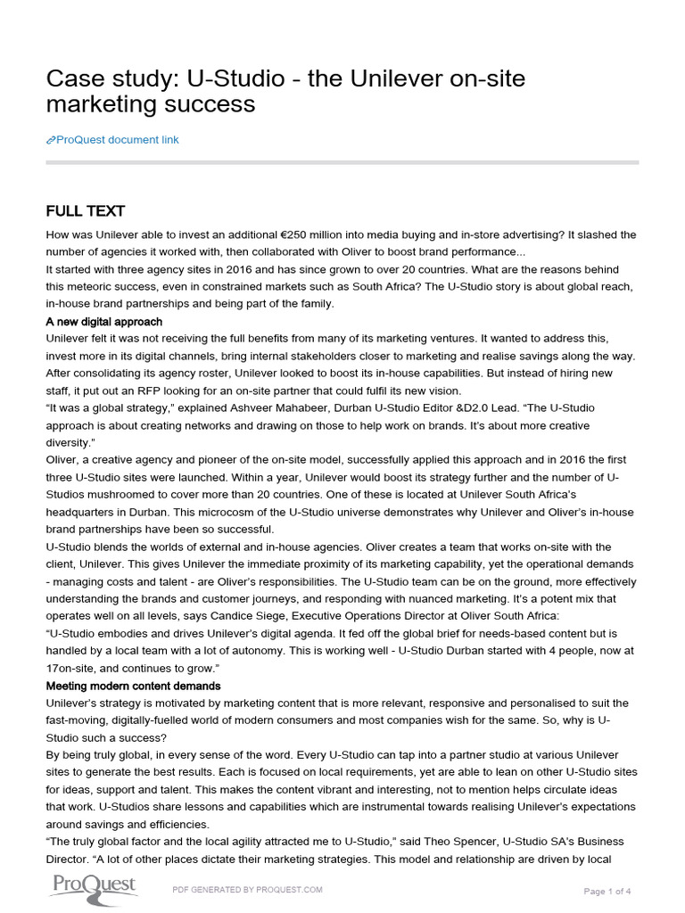 Case Study U-Studio - The Unilever On-Site Marketing Success | PDF | Brand | Marketing