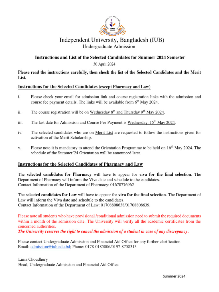 IUB Summer 2024 Admission Results | PDF | Engineering | Business