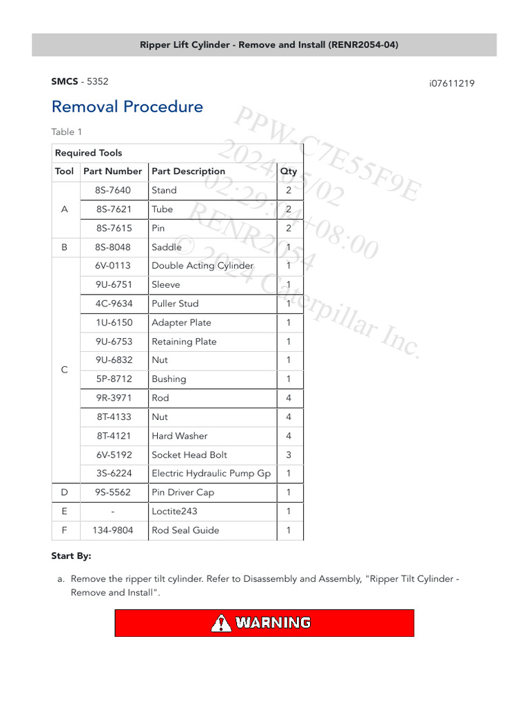 Ripper Lift Cylinder R&R | PDF | Piston | Mechanical Engineering