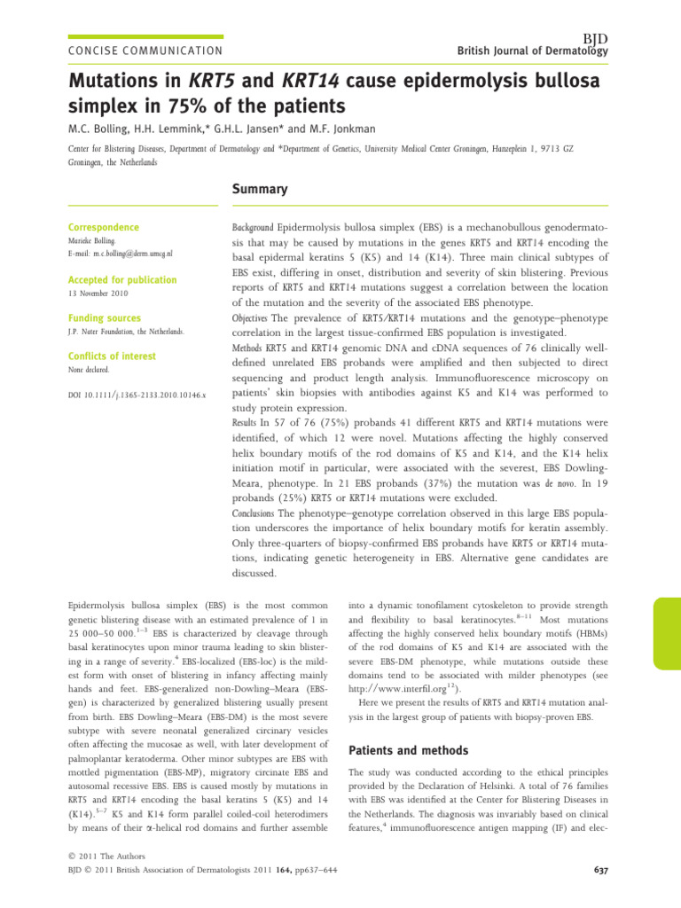 Mutations in KRT5 and KRT14 Cause Epidermolysis Bullosa Simplex in 75% ...