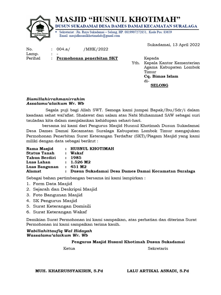 Permohonan SKT Masjid Husnul Khotimah 2022 | PDF