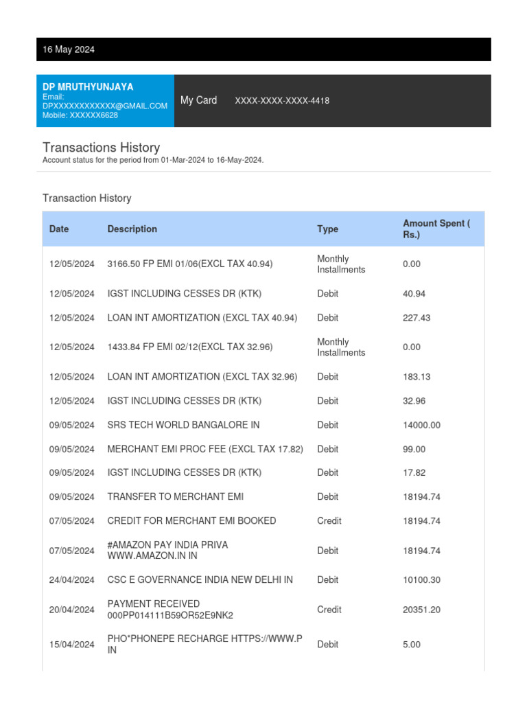 Transaction History | Download Free PDF | Debit Card | Credit Card