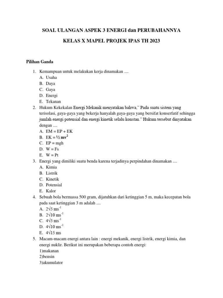 Soal Ulangan Aspek 3 Ganjil Kelas X Mapel Projek Ipas TH 2023 | PDF