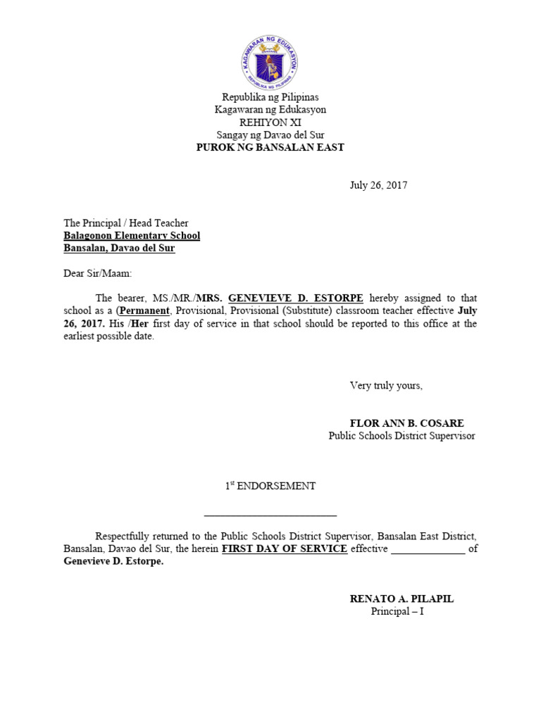 FIRST DAY OF SERVICE (permanent) | PDF | Leadership | Teaching