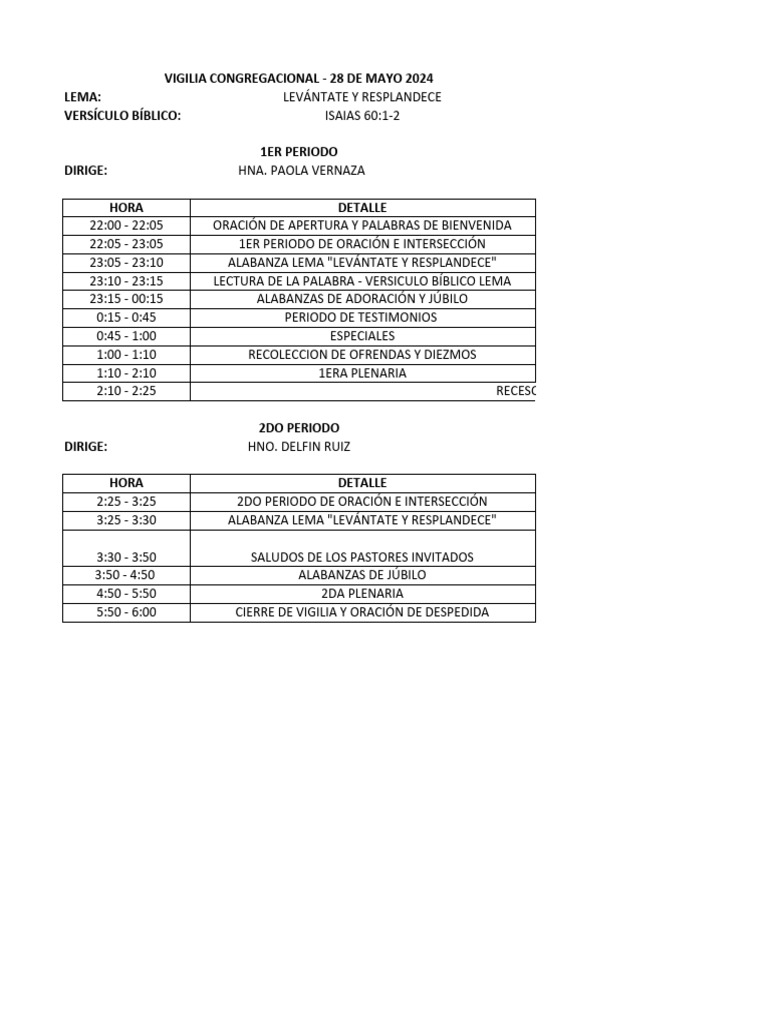 CRONOGRAMA DE VIGILIA - LEVANTATE Y RESPLANDECE | PDF