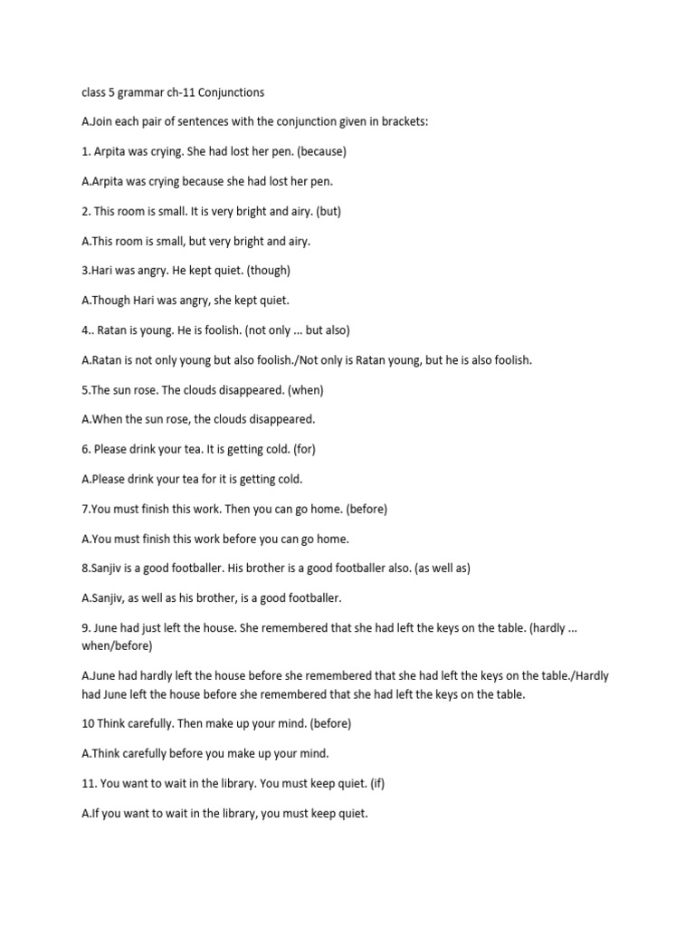 Conjunctions Exercises for Class 5 | PDF