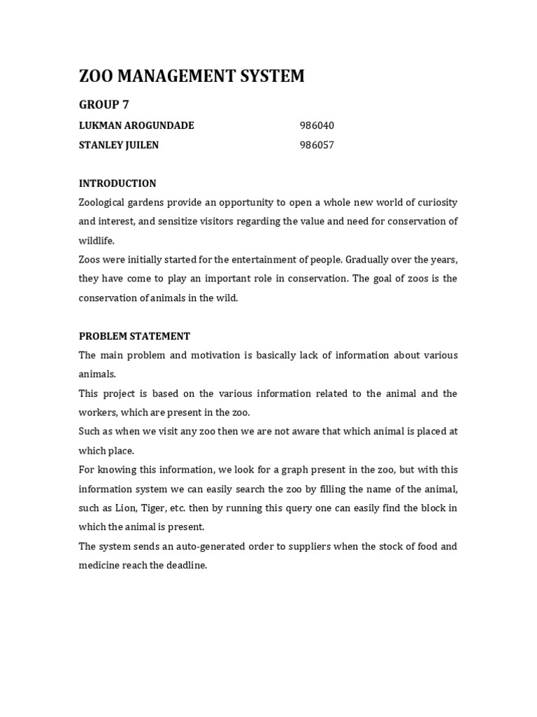 Zoo System Documentation | PDF | Zoo | Software Development