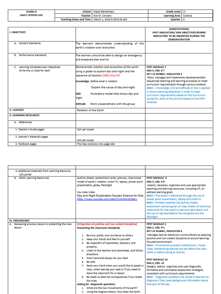 Cot - DLP - Science 6 - Earth's Rotation by Master Teacher Eva M. Corvera | PDF | Educational ...